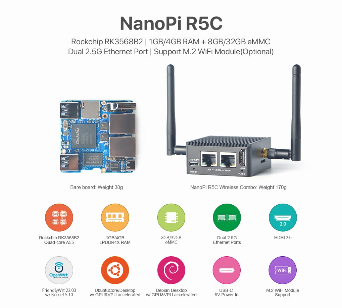 Kocoo NanoPi R5C with M.2 WiFi Module Rockchip RK3568B2 A55 Dual 2.5G Ethernet Port Support Linux/Openwrt/Debian/Ubuntu