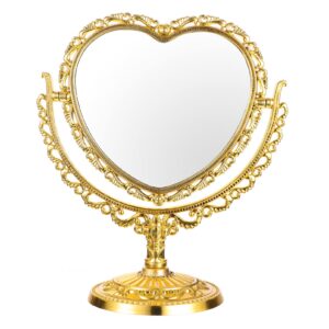 luxshiny vanity mirror heart shaped, double standing mirror heart shaped mirror for home kitchen table (golden)