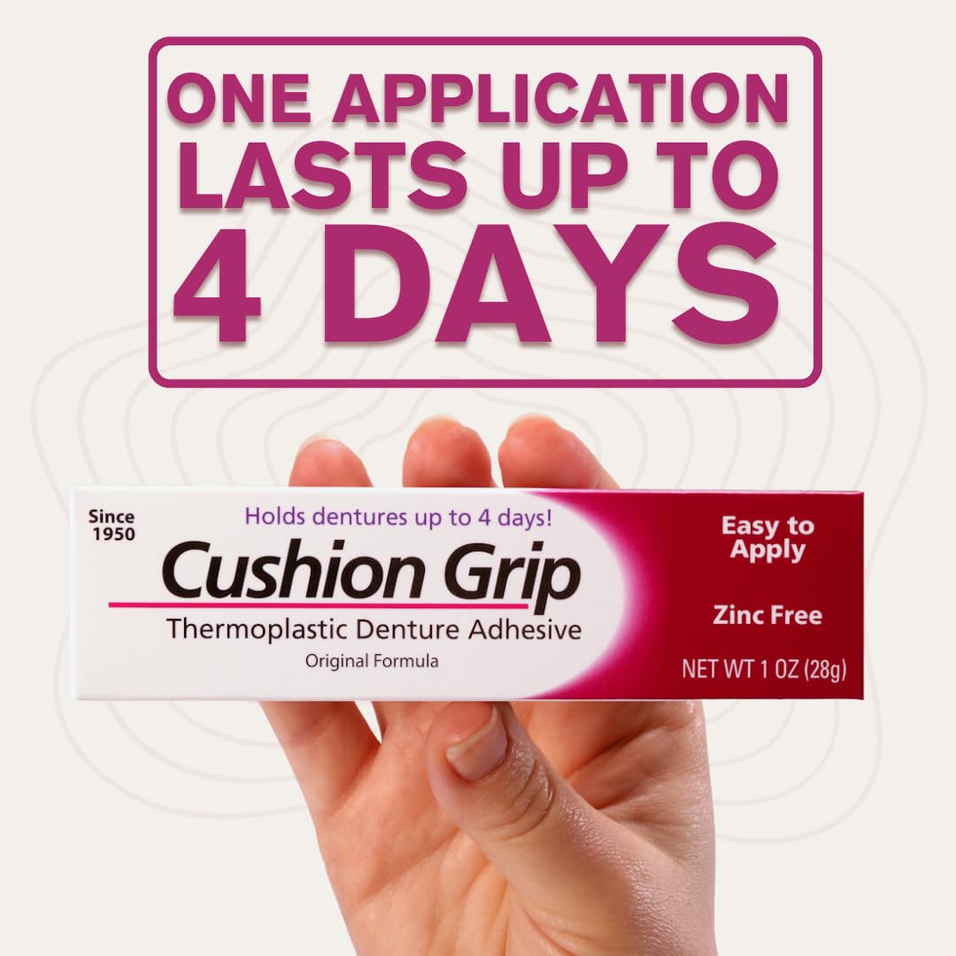 Cushion Grip Thermoplastic Denture Adhesive, 1 oz - Secure Loose-Fitting Upper and Lower Dentures and Partials | Non-Glue Adhesive, Acts Like a Soft Reliner (Pack of 10)