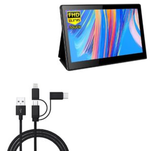 boxwave cable compatible with magedok oled portable touchscreen monitor pi x6 (13.3 in) - allcharge 3-in-1 cable - jet black