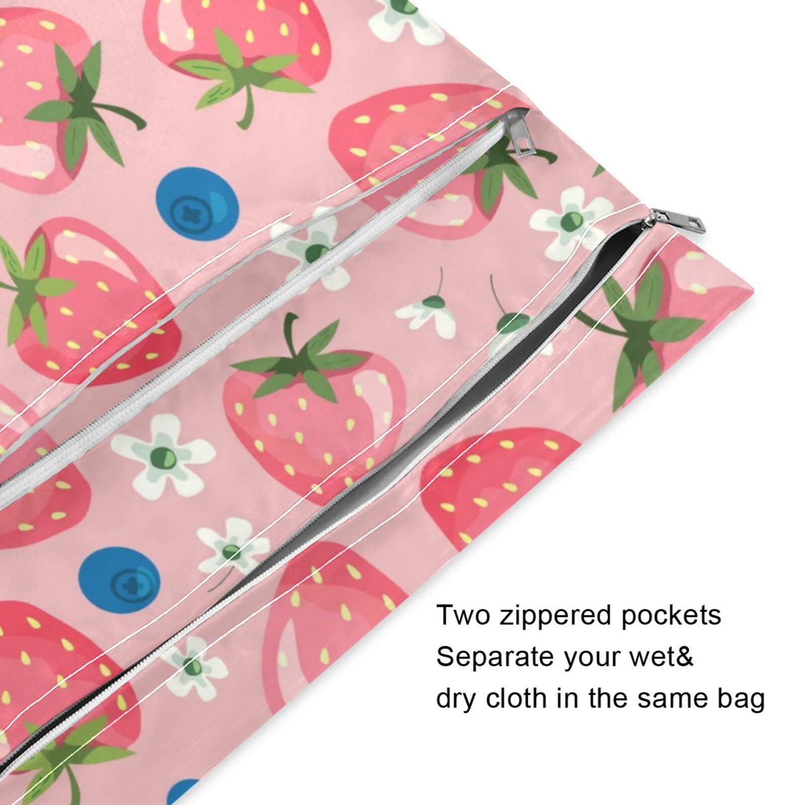 Kigai 2pcs Wet Dry Bags for Baby Cloth Diapers Strawberry Pattern Waterproof Reusable Wet Bag with Two Zippered Pockets Swimsuits & Wet Clothes Organizer for Travel Beach Pool Daycare Yoga Gym