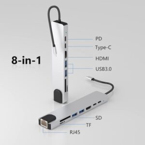 Portable USB-C Hub 8 in 1 Adapter with Ethernet, HDMI, SD Card Reader and USB 3.0 Ports