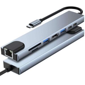 portable usb-c hub 8 in 1 adapter with ethernet, hdmi, sd card reader and usb 3.0 ports