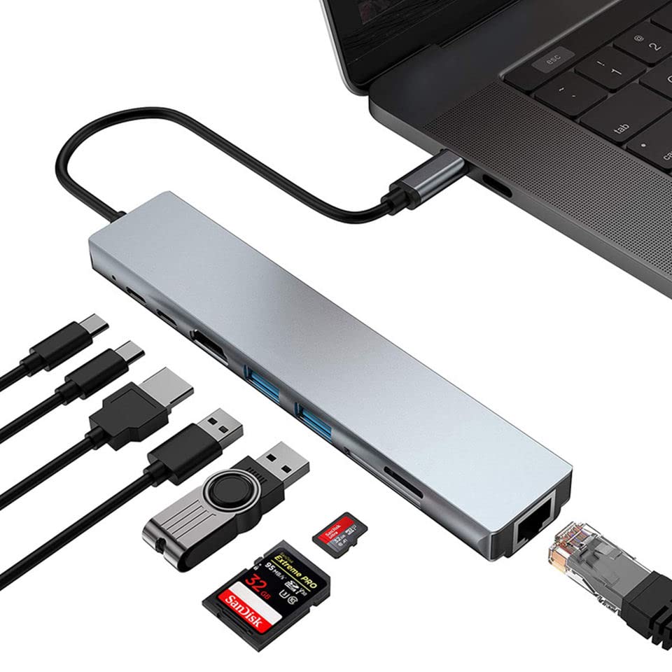 Portable USB-C Hub 8 in 1 Adapter with Ethernet, HDMI, SD Card Reader and USB 3.0 Ports