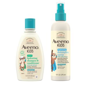 aveeno kids hydrating 2-in-1 shampoo & conditioner with detangling spray, gently cleanses and conditions hair, 12 fl. oz & 10 fl. oz