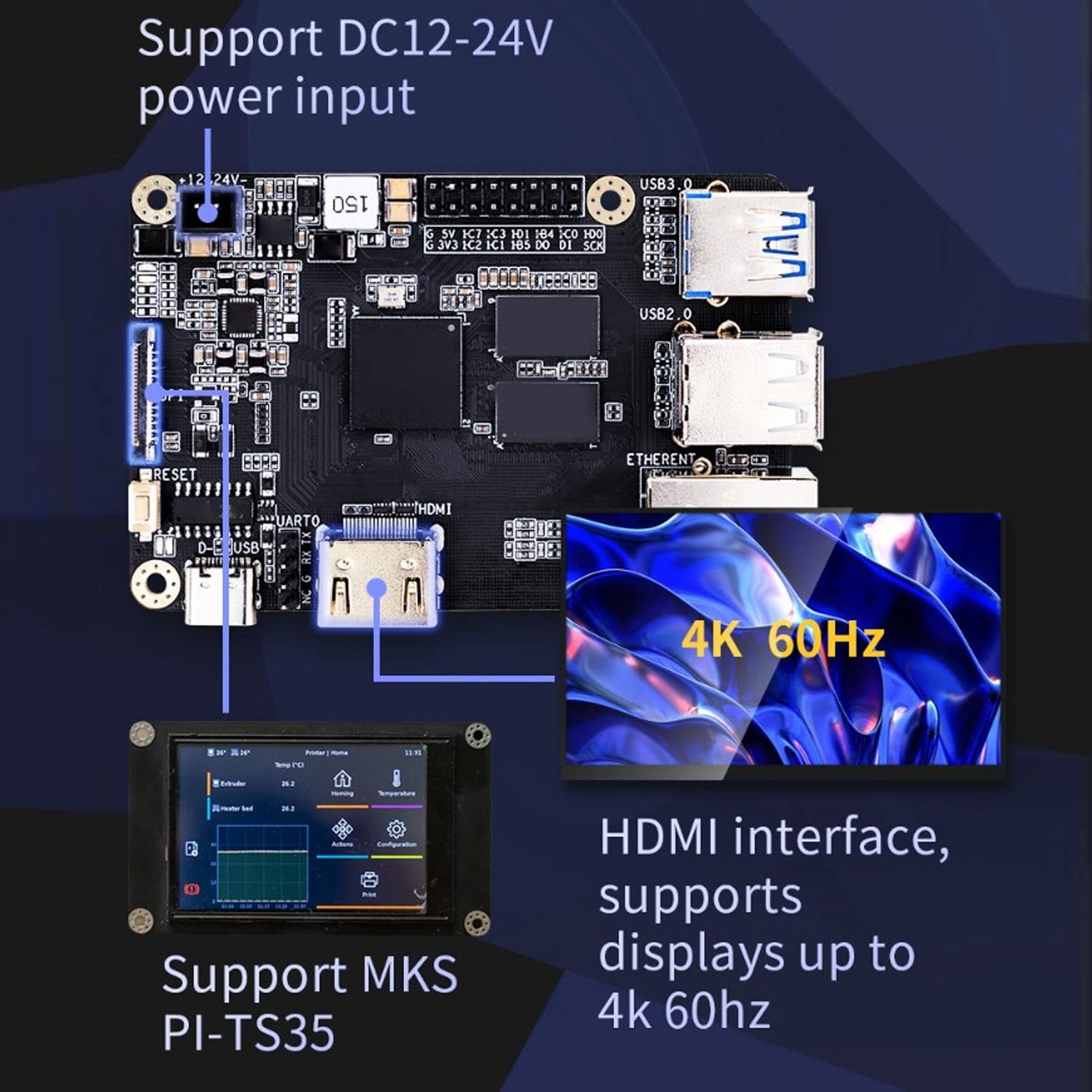 MKS PI Control Board, USB 2.0 3.0 3D Printer Motherboard Easy DC 12V 24V 15W for Working (MKS PI‑TS35 LCD MKS PI Control Board)