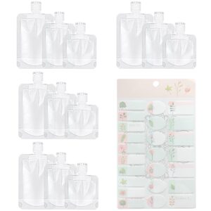 12pcs travel refillable empty squeeze pouches, tsa approved for toiletry lotion shampoo and conditioner fluid squeezable bags, portable leakproof cosmetic make up containers 30/50/100ml/lables