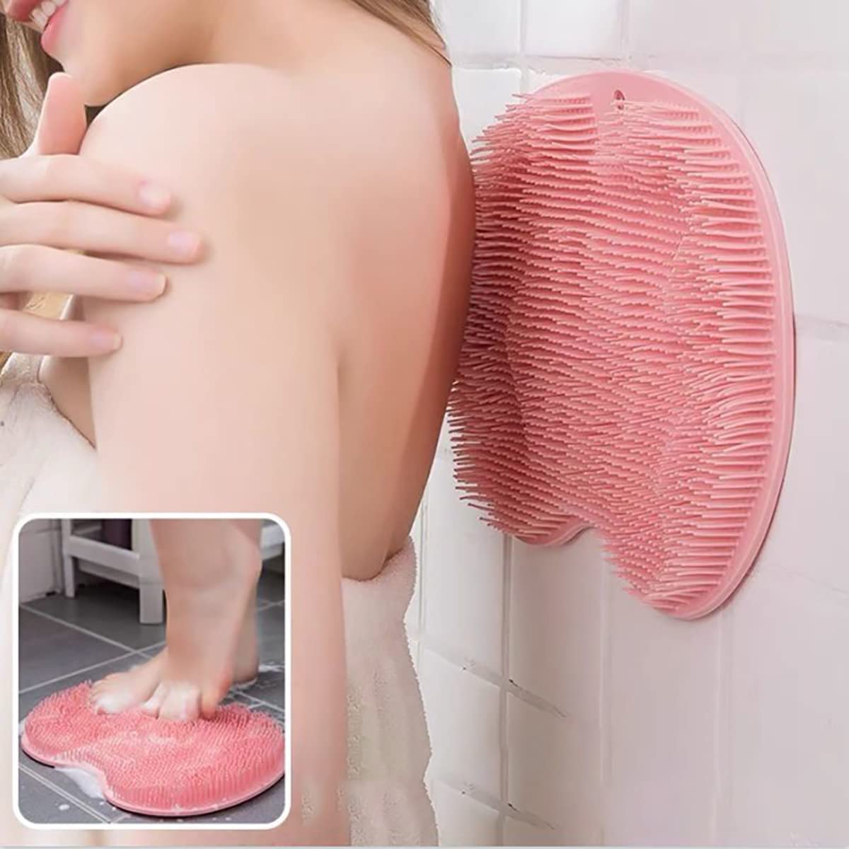 LAVIOX Silicone Bath Massage Pad, 2023 Shower Foot & Back Scrubber Wall-Mounted Back Scrubber, Silicone Bath Massage Cushion Brush with Suction Cups Bathroom Wash Foot Mat (Pink)