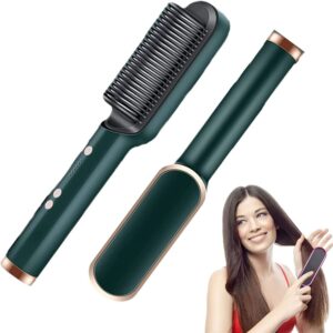 2023 Negative Ion Hair Straightener Styling Comb,5 Temp Settings 2 in 1 Hair Straightener Brush and Curler,Portable Electric Straightening Comb Heated Hair Brush,for Home Travel Salon (Green)