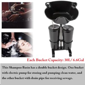 CNCEST Shampoo Bowl Shampoo Unit with Electric Pump,with 2x6.6Gal Bucket and Drain Hoses,38.18-52.36" Height Adjustable,Tilt Adjustable,9" Deep Basin,Barber and Hair Salon Accessories(New upgrade)