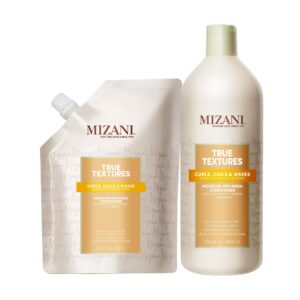 mizani true textures moisture replenish conditioner with refill set | smooths & hydrates | with coconut oil | sulfate-free | for curly hair | 33.8 fl oz liter and 16.9 fl oz refill