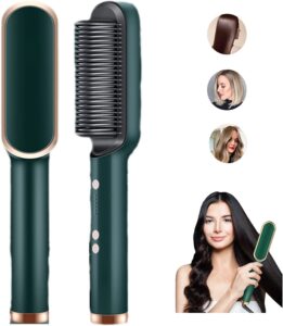 2023 new negative ion hair straightener styling comb, portable 2 in 1 hair straightener brush and curler with 5 temp/fast heating/anti scald for home/travel/salon (green)