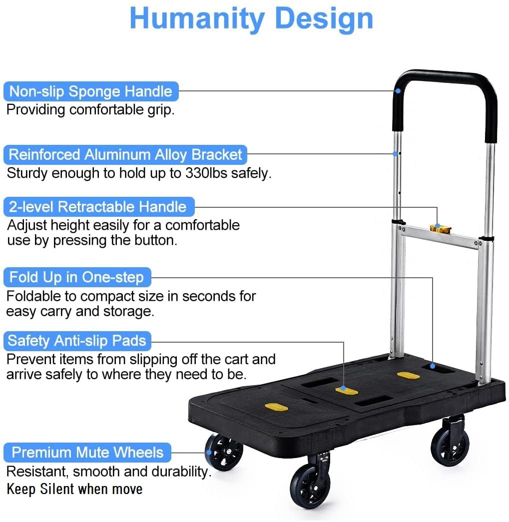 Platform Truck Folding Hand Truck 330 LB 2 Packs Heavy Duty Utility Dolly Flatbed Luggage Push Cart Fully Folded Compact Cart, Portable Trolley with Elastic Ropes Easy Storage, Lightweight for Moving