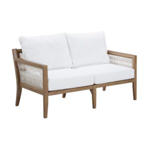 Nathan James Freya Bohemian Wood Loveseat, Upholstered Loveseat Sofa for Patio, Solid Acacia Wood Frame, White/Light Brown