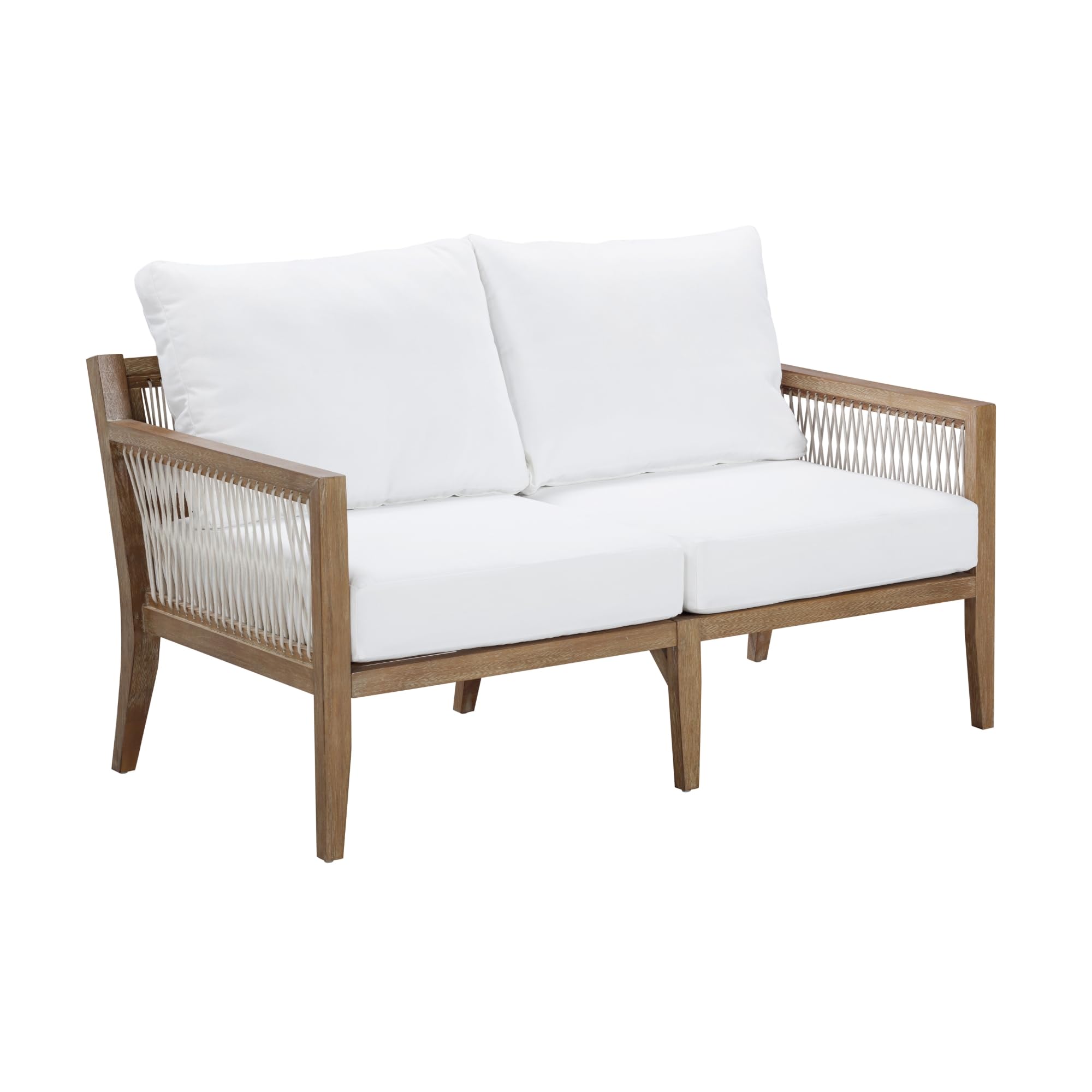 Nathan James Freya Bohemian Wood Loveseat, Upholstered Loveseat Sofa for Patio, Solid Acacia Wood Frame, White/Light Brown