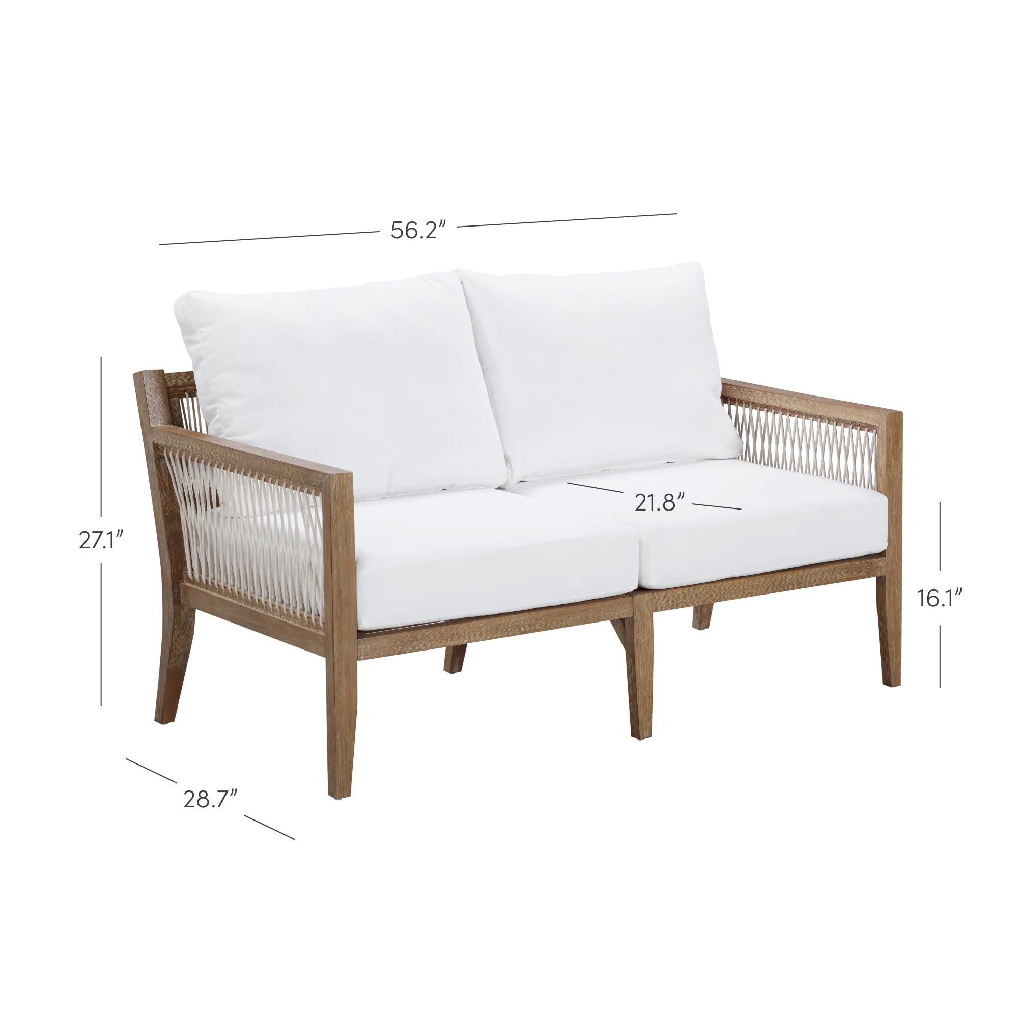 Nathan James Freya Bohemian Wood Loveseat, Upholstered Loveseat Sofa for Patio, Solid Acacia Wood Frame, White/Light Brown