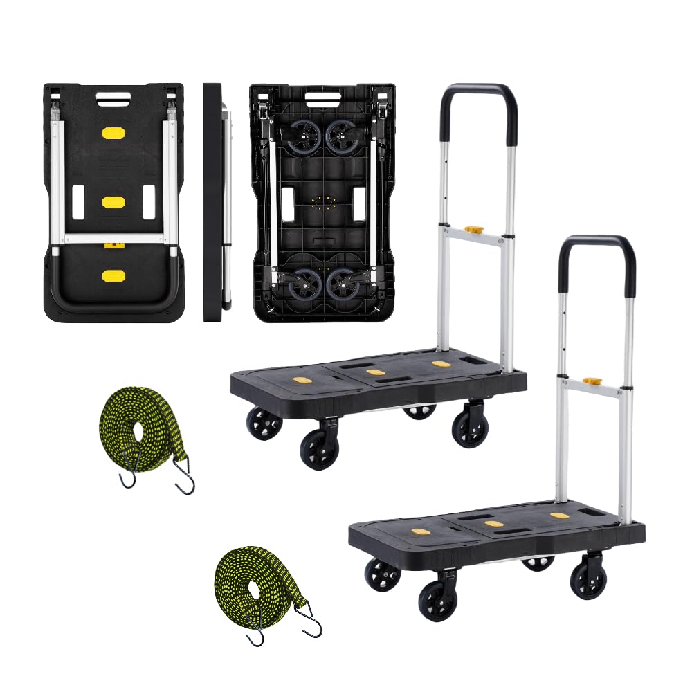 Platform Truck Folding Hand Truck 330 LB 2 Packs Heavy Duty Utility Dolly Flatbed Luggage Push Cart Fully Folded Compact Cart, Portable Trolley with Elastic Ropes Easy Storage, Lightweight for Moving