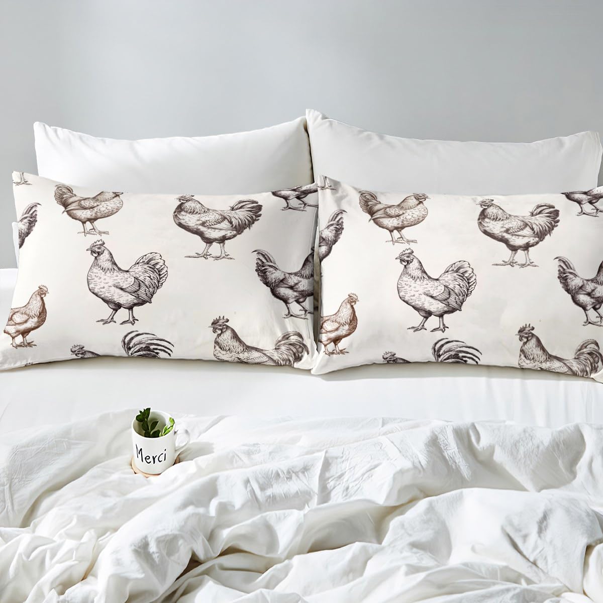 Feelyou Chicken Rooster Duvet Cover Twin Size, Cock Rooster Bedding Set for Kids Sketch StyleComforter Cover Boys Girls Farmhouse Bedspread Cover with 1 Pillow Case (No Comforter)