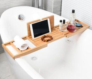 bathtub caddy tray bamboo expandable bath tray waterproof for tub with wine holder built in book tablet integrated wineglass holder phone tray & accessories placement 23.6“ （expands to 34 inches）