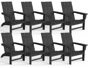 modern adirondack chairs set of 8, poly lumber patio chairs, pre-assembled weather resistant outdoor chairs for pool, deck, backyard, garden, fire pit seating, black