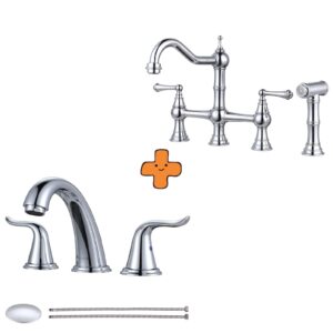 wowow 3 hole widespread bathroom faucet chrome bathroom sink faucets 2 handle bath faucet 8 inch and 4 hole kitchen faucet with sprayer, 8 inch centerset brass bridge kitchen faucet