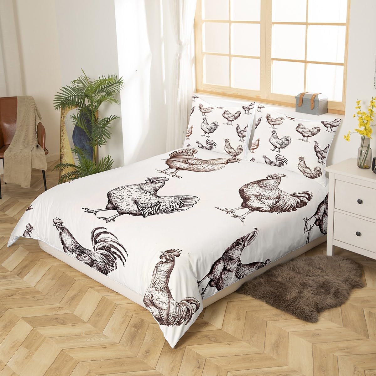 Feelyou Chicken Rooster Duvet Cover Twin Size, Cock Rooster Bedding Set for Kids Sketch StyleComforter Cover Boys Girls Farmhouse Bedspread Cover with 1 Pillow Case (No Comforter)