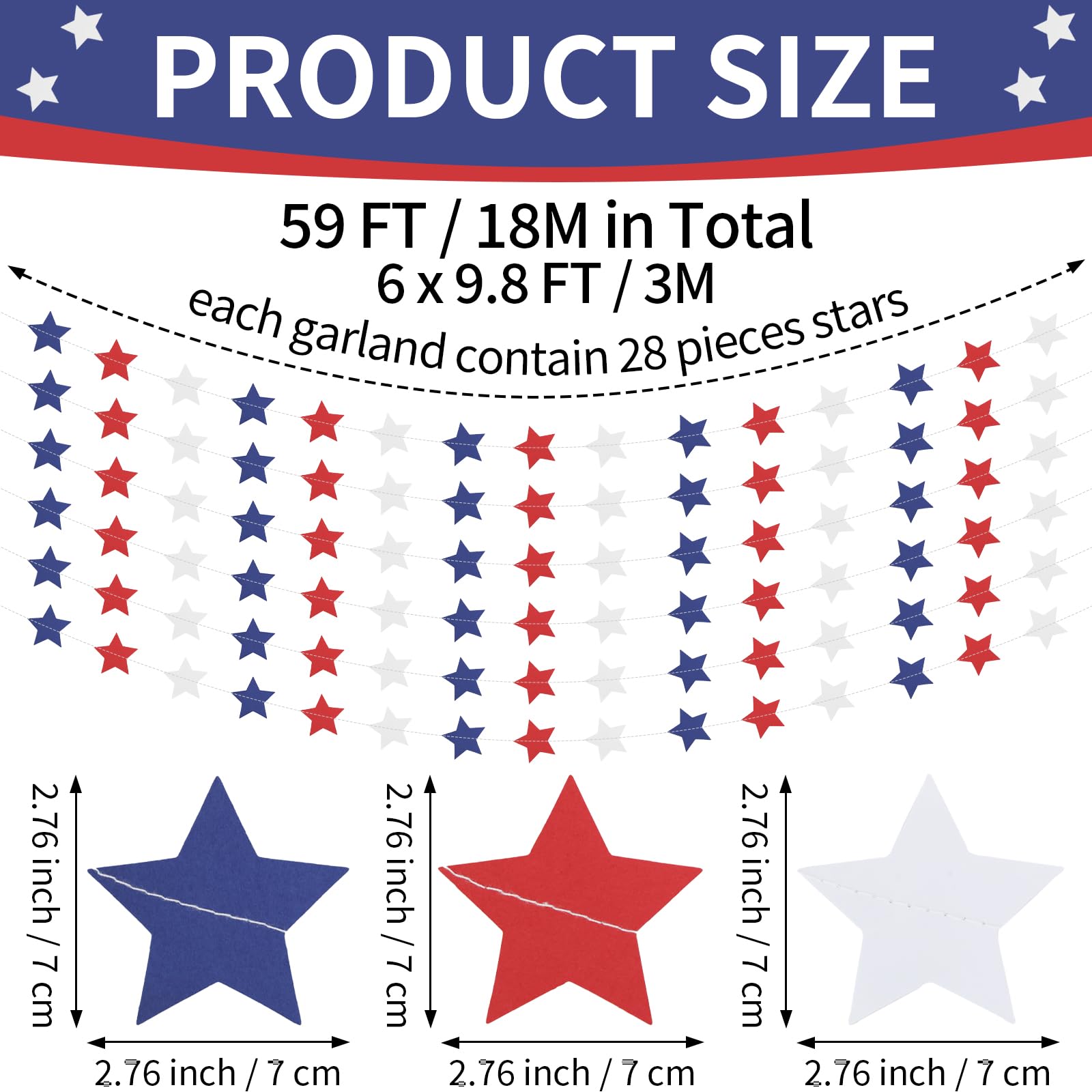 Patriotic Star Garland Banner Streamers Red White and Blue - 59 Ft 6 Strands - Patriotic Decorations for 4th of July, Independence Day, Labor Day, Veterans Day, Memorial Day