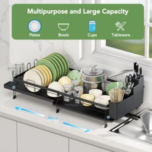 ROTTOGOON Expandable Dish Drying Rack,Multifunctional Adjustable Dish Drainer with 360° Swivel Spout and Anti-Rust Dish Rack with Removable Cutlery & Cup Holders for Kitchen Counter,Black