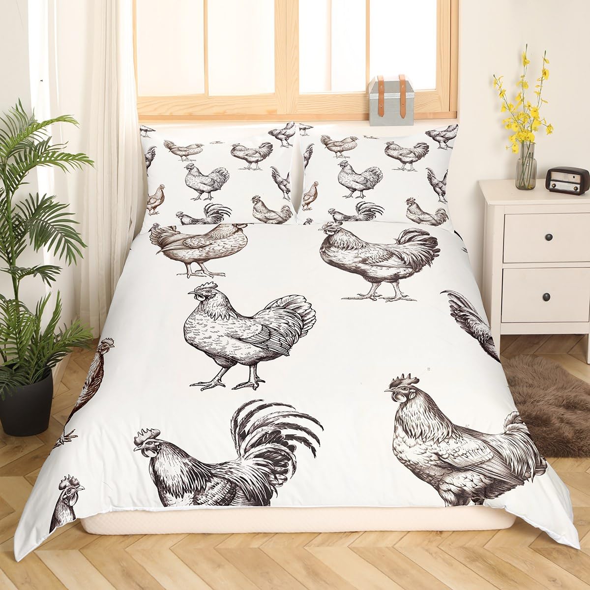 Feelyou Chicken Rooster Duvet Cover Twin Size, Cock Rooster Bedding Set for Kids Sketch StyleComforter Cover Boys Girls Farmhouse Bedspread Cover with 1 Pillow Case (No Comforter)