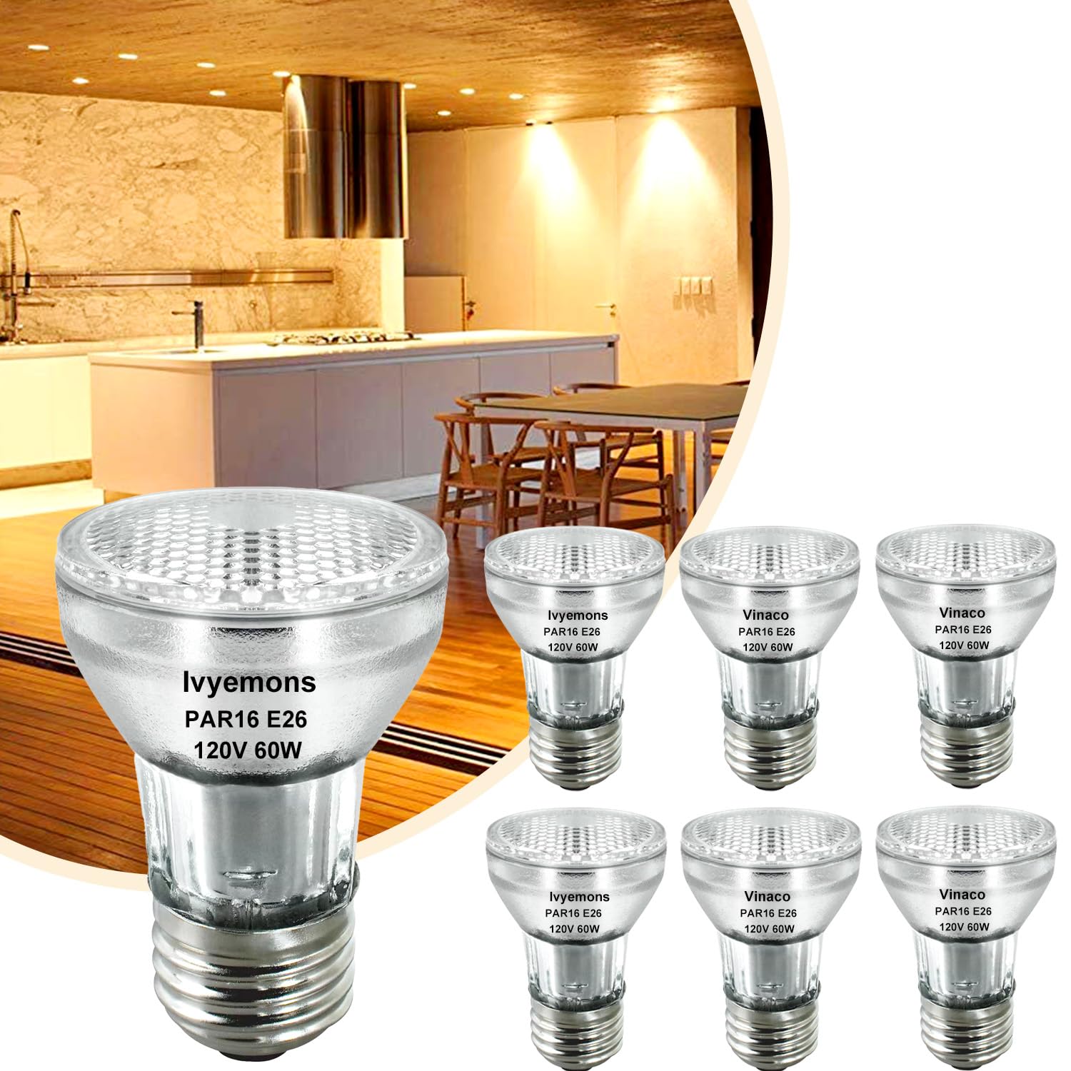 Ivyemons PAR16 Light Bulb - 6 Pack PAR16 Halogen Bulb 60W 120V E26 Base Warm White 2800k, Long Lasting PAR16 Flood Bulb Dimmable, Halogen PAR16 Bulb 60W for Range Hood Lights,Ceiling Fan,Table Light