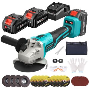 avhrit cordless angle grinder 2x4.0ah batteries, 21v power angle grinder tools with fast charger, 9000 rpm brushless motor metal grinder, 4-1/2'' cutting wheels, flap disc for cutting, grinding