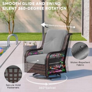 Bestier Outdoor Patio Swivel Rocking Chair, Wicker Swivel Glider Chair with 49.2 Ft LED Strip, Porch Furniture Chair with 4" Anti-Slip Grey Cushion for Garden, Deck(Dark Brown)