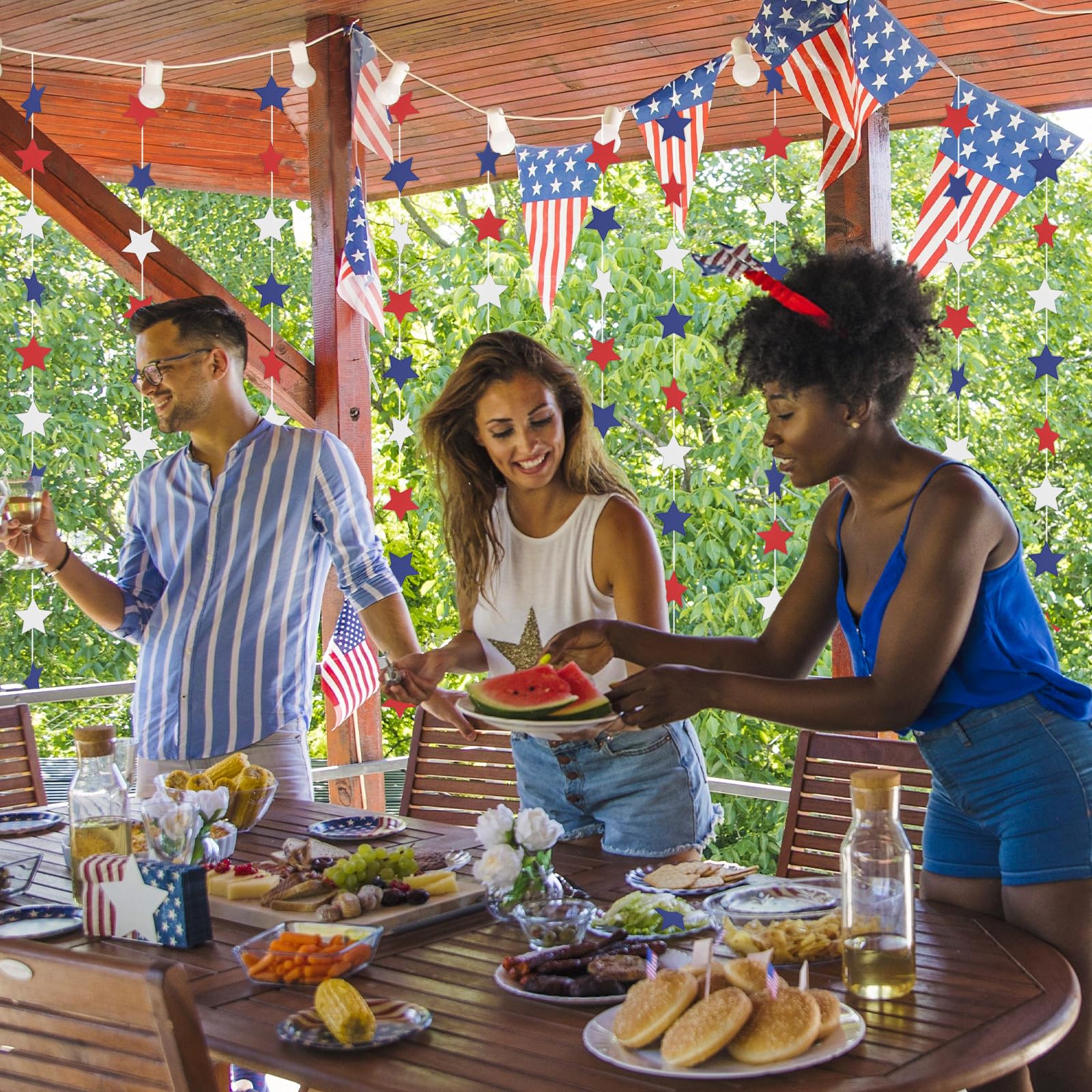 Patriotic Star Garland Banner Streamers Red White and Blue - 59 Ft 6 Strands - Patriotic Decorations for 4th of July, Independence Day, Labor Day, Veterans Day, Memorial Day