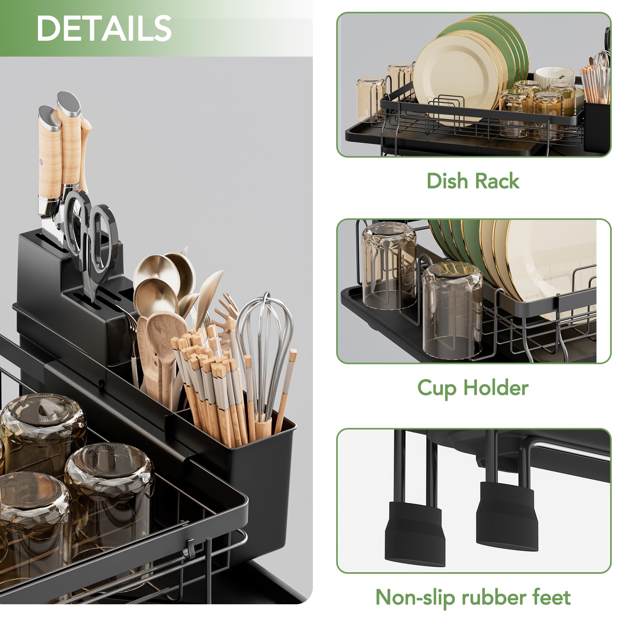 ROTTOGOON Expandable Dish Drying Rack,Multifunctional Adjustable Dish Drainer with 360° Swivel Spout and Anti-Rust Dish Rack with Removable Cutlery & Cup Holders for Kitchen Counter,Black