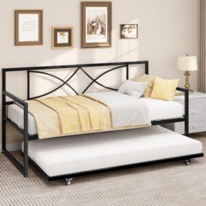 yitahome twin daybed with pull out trundle, metal day bed with adjustable height, twin size mattress foundation with steel slat support for guest room living room - black