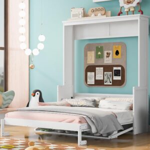 jintop queen size murphy bed with a shelf,wooden space-saving wall cabinet bed frame,w/slat support,for kids bedroom,student dorms,guest rooms,studio,office,white