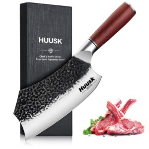 huusk cleaver knife, 7 inch meat cleaver heavy duty, hand forged chopper knife, high carbon steel with wood handle, japanese cleaver for cutting meat and vagetable, gift for men women