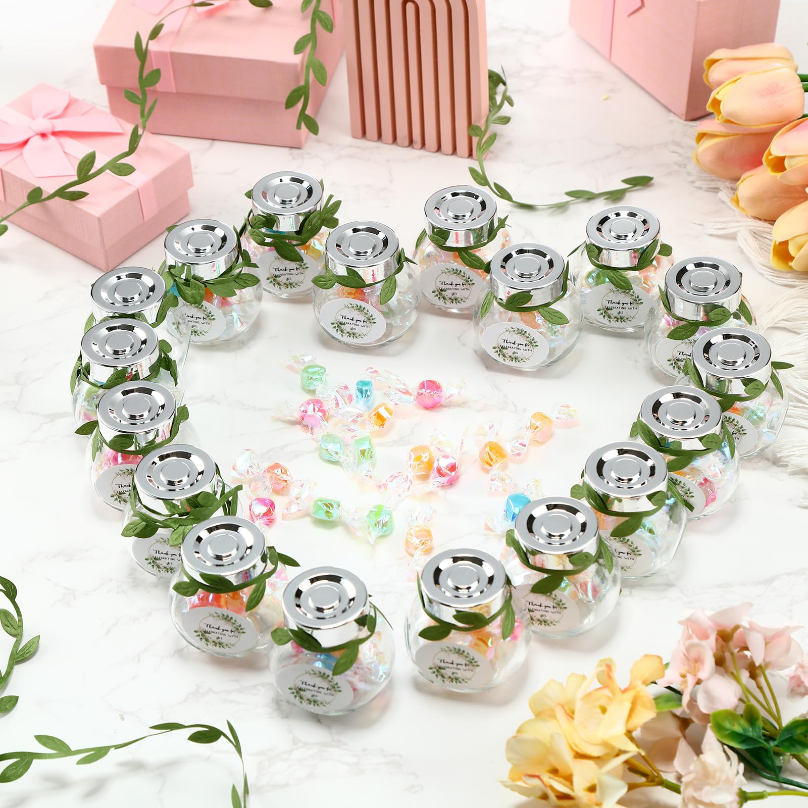 Skybooly 50 Pcs 1.5 oz Mini Glass Jars Small Candy Jars with Lids Green Leaf Ribbon and Labels Tiny Mason Jars Candy Containers for Wedding Party Favor Bridal Shower Gift Spice Honey Sugar Herb