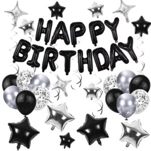 56 pcs happy birthday balloons happy birthday banner silver and black balloons for boys men girls women 16th 18th 20th 21st 25th 30th 40th 50th 60th birthday party decorations (black)