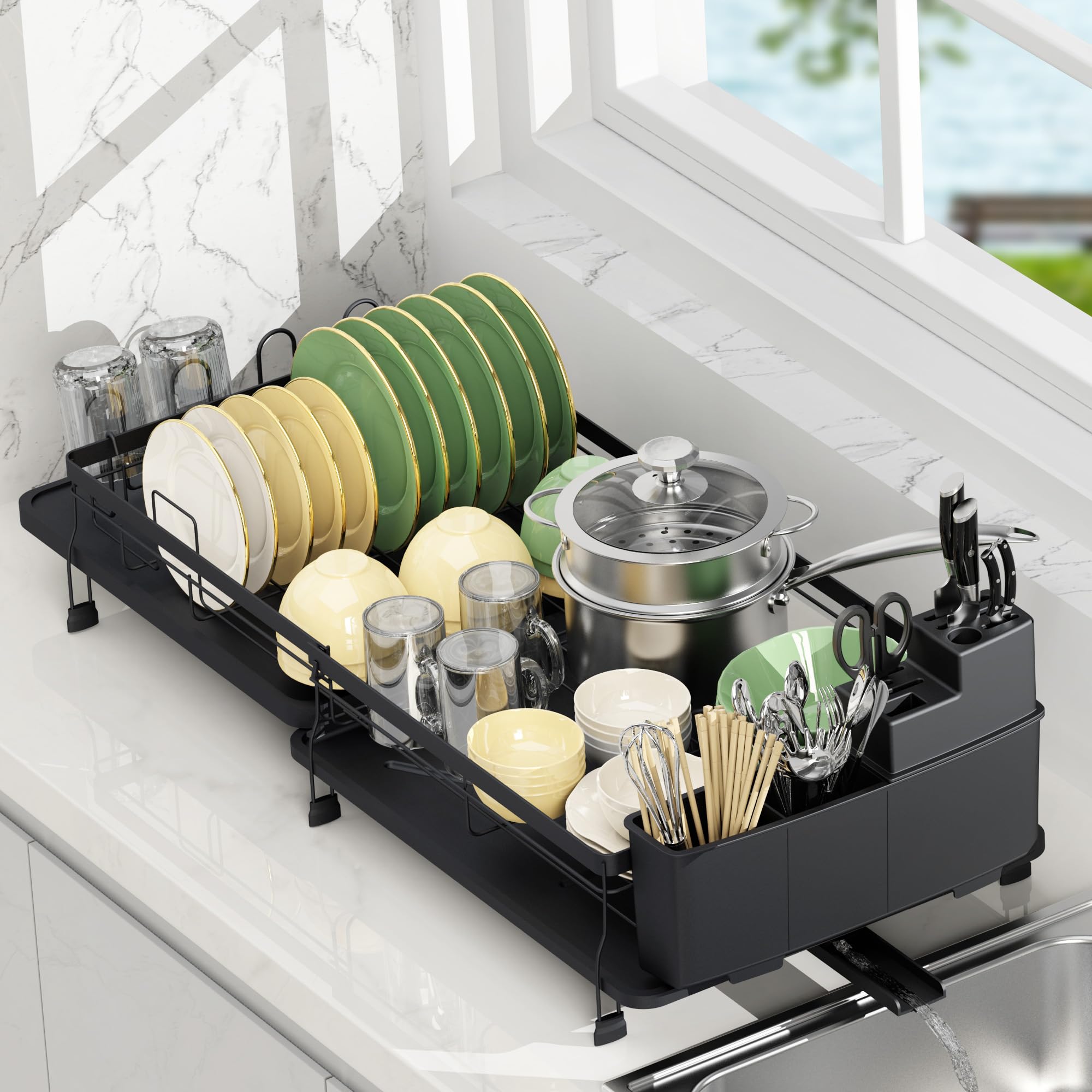 ROTTOGOON Expandable Dish Drying Rack,Multifunctional Adjustable Dish Drainer with 360° Swivel Spout and Anti-Rust Dish Rack with Removable Cutlery & Cup Holders for Kitchen Counter,Black