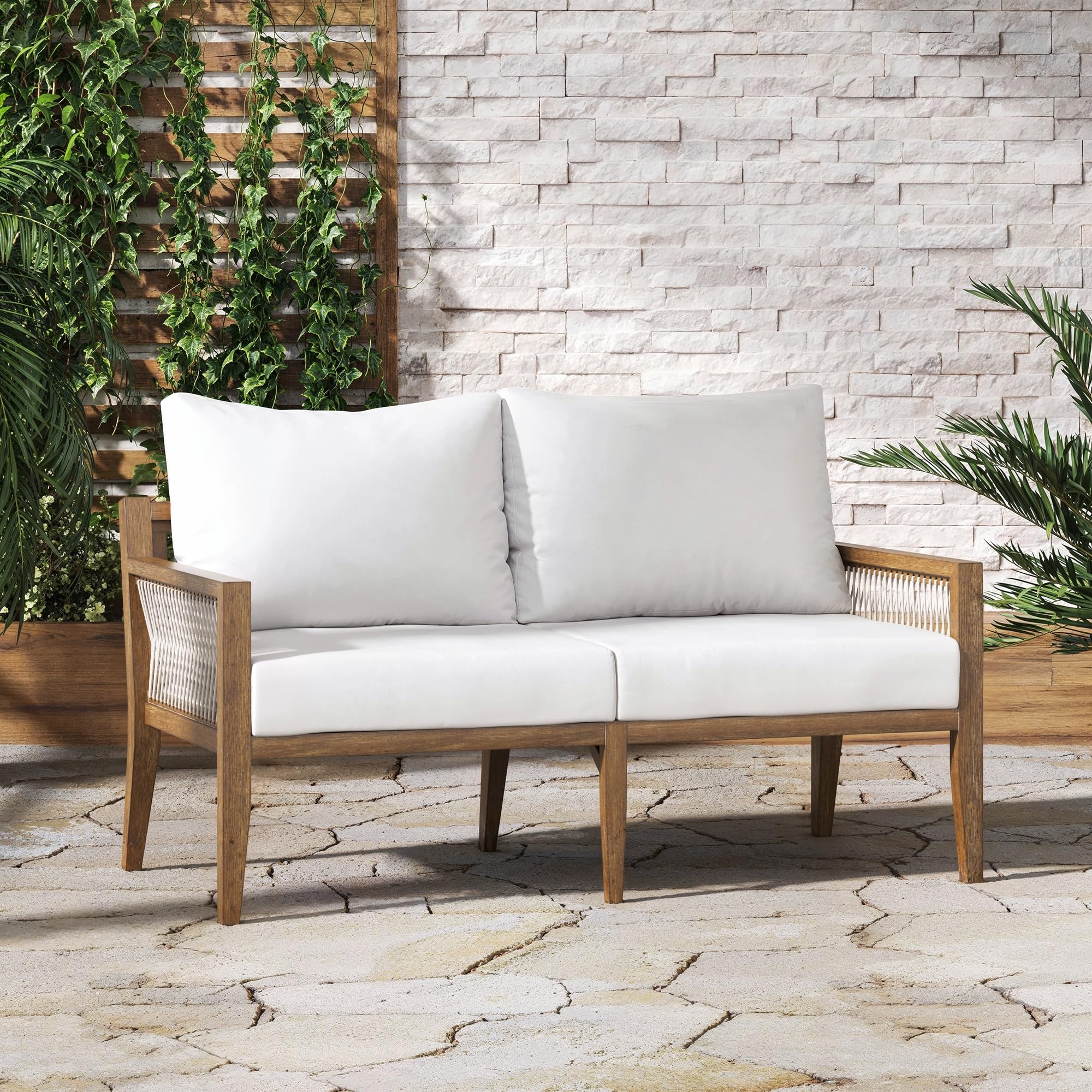 Nathan James Freya Bohemian Wood Loveseat, Upholstered Loveseat Sofa for Patio, Solid Acacia Wood Frame, White/Light Brown