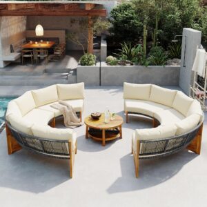 quarte outdoor acacia wood round sofa set, half-moon sectional sets with coffee table,6-person seating group for garden, deck (beige/half-moon*a)