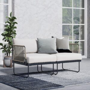 nathan james isla boho loveseat for patio, upholstered outdoor sofa with black metal frame, cream