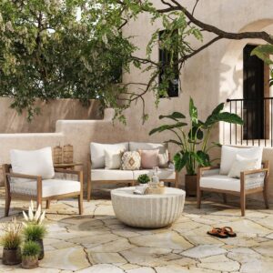 Nathan James Freya Bohemian Wood Loveseat, Upholstered Loveseat Sofa for Patio, Solid Acacia Wood Frame, White/Light Brown