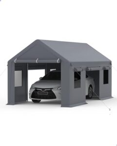 gaomon 13' x 20' heavy duty carport, portable garage with front & rear doors,4 windows, reinforced steel poles & 180 g pe waterproof canopy, for pickup truck, and boat, silver gray