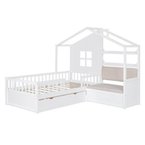 EOVTK Twin Size Kids House Bed with Upholstered Sofa, 2 Drawers and Storage Shelves, Wood Multifunctional Montessori Bed with Safety Guardrail for Boys Girls, White