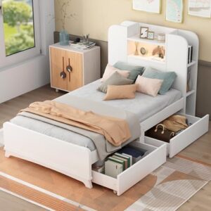 brisca twin size storage platform bed frame with two drawers and light strip,headboard w/ 3 storage shelves,for bedroom,apartment,guest room,white