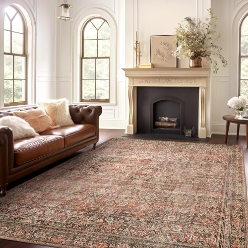 BESBLEE 5X7 Area Rugs Machine Washable Runner Rugs for Living Room Bedroom Hallway, Non Slip Indoor Soft Accent Distressed Boho Vintage Print Lightweight Thin Low Pile Carpet, Brick