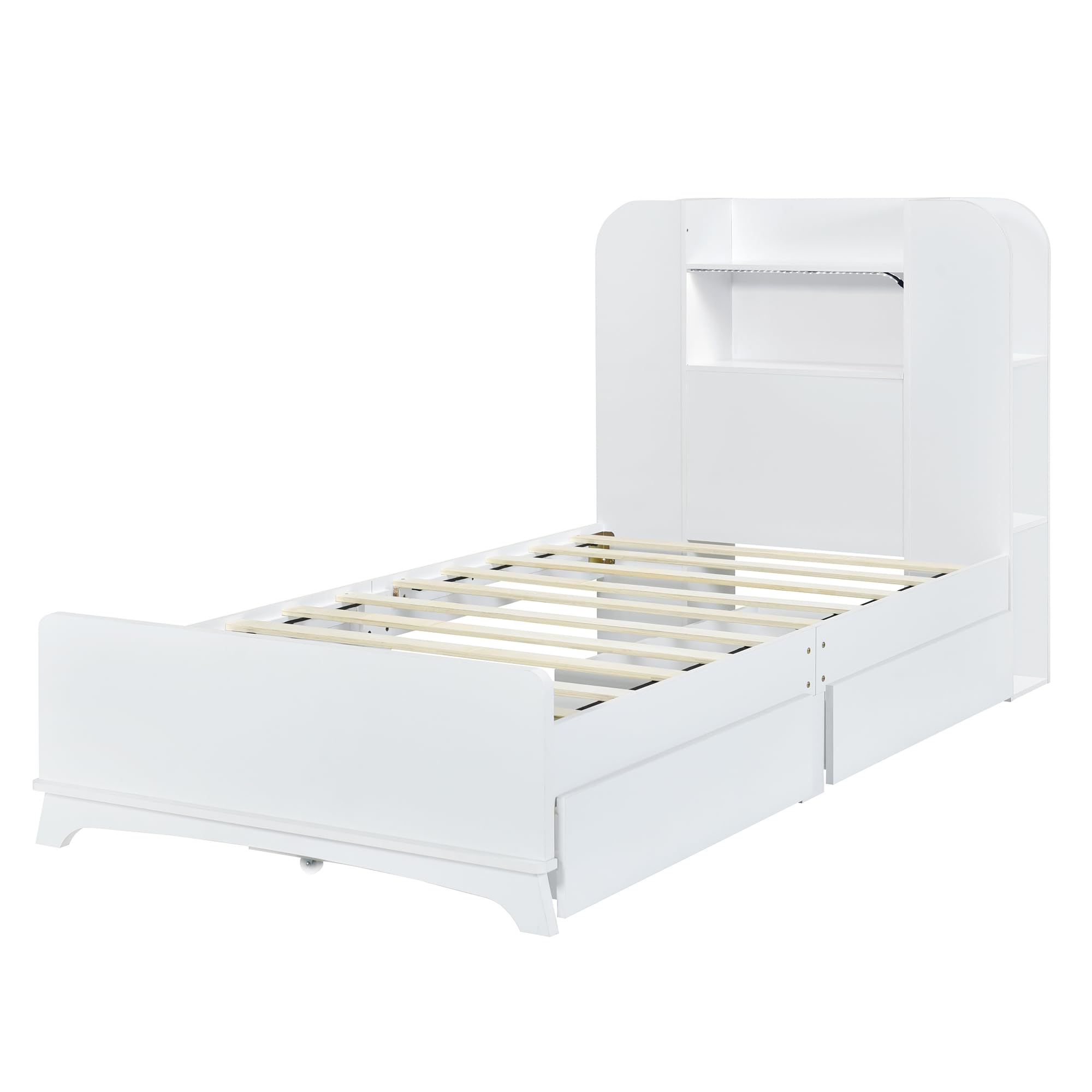 Jintop Twin Size Platform Bed Frame with 2 Drawers and Light Strip Design in Headboard,Bedroom Storage Wood Bed W/ 3 Bedside Open Shelves,Slat Support,for Girl Boy Kid,White