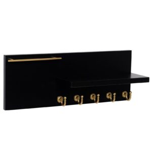 SANY DAYO HOME Real Wood Key Holder Rack Wall Mount 16 x 6 inches Black Entryway Shelf with 5 Gold Hooks, Metal Sunglass Bar, and Floating Board for Keychain, Purse